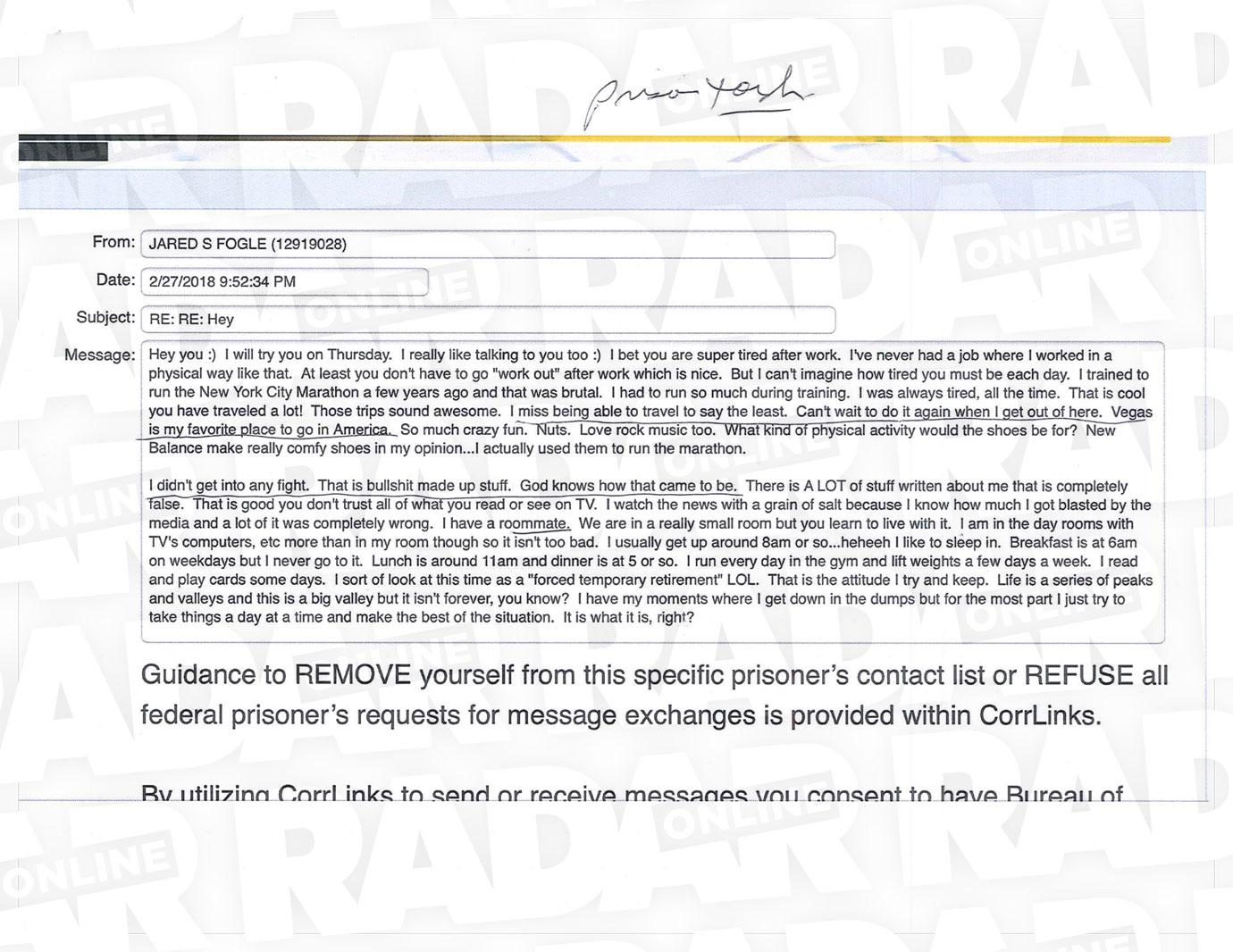 Subway Sex Fiend Jared Fogle Writes X-Rated Letters To Prison Pen Pal