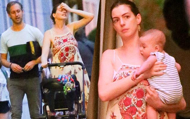 Tired Looking Anne Hathaway Spotted Out With Husband & New Baby Boy