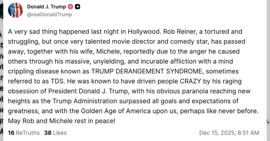Donald Trump Destroyed Over 'Vile' Response To Rob Reiner's Death