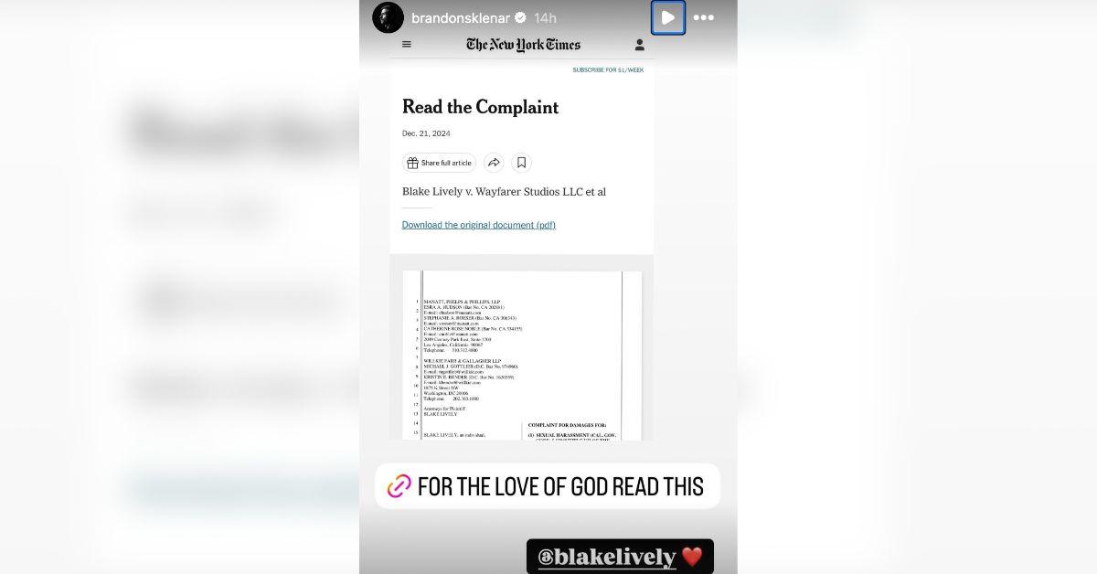 Brandon Sklenar Speaks Out After Co-Star Blake Lively's Lawsuit