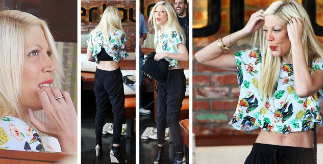 She Needs More Than A Burger Super Skinny Tori Spelling Exposes Midriff While Filming True Tori