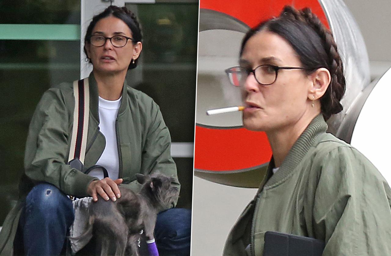 Demi Moore Puffs On Cigarette & Looks Disheveled As She Picks Pup Up ...
